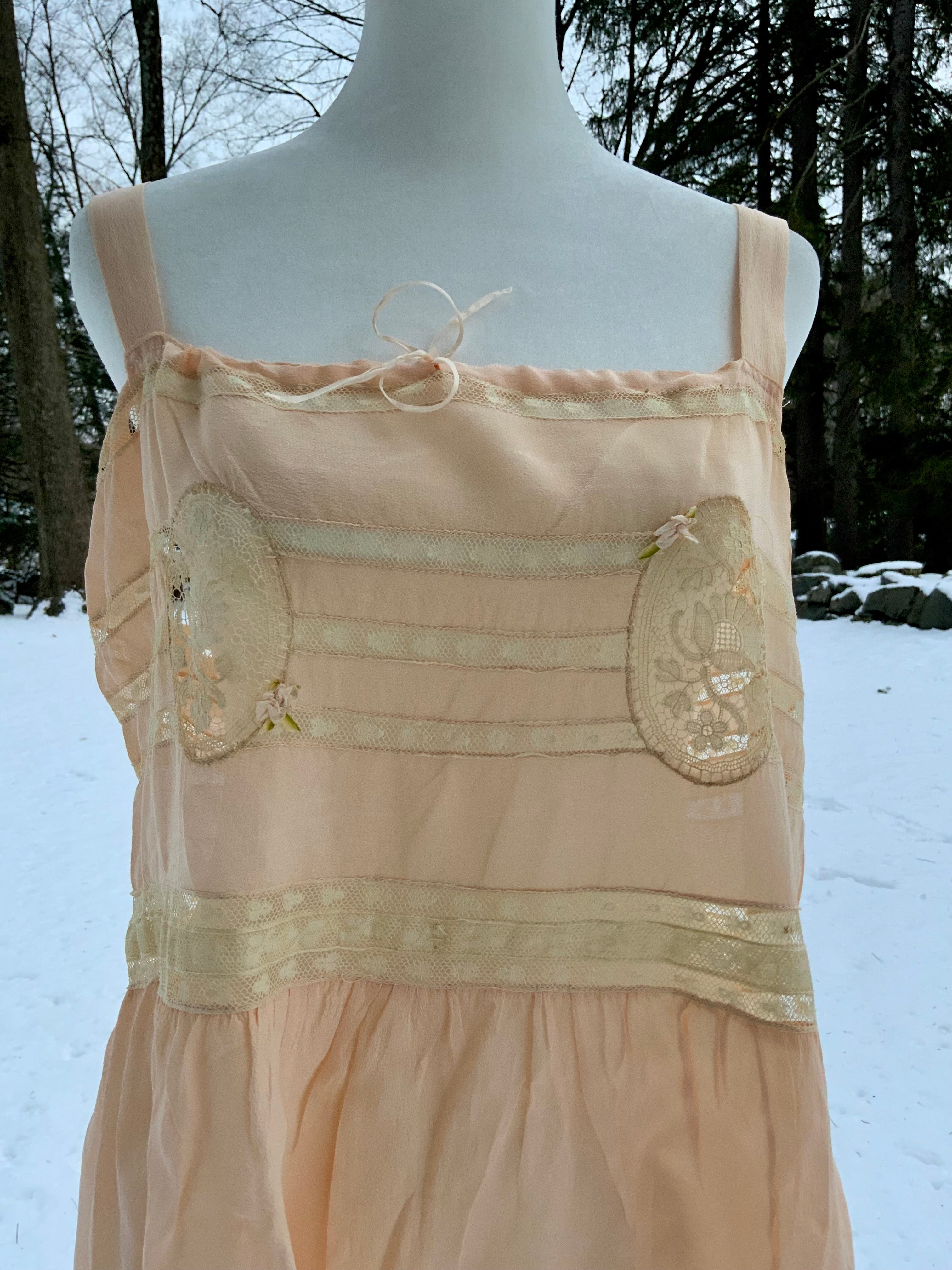 Circa 1912–1918 Blush Pink Silk Chiffon Teddy with Antique Lace – Edwa ...